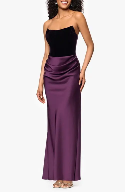Betsy & Adam Strapless Velvet & Satin Gown - Plum