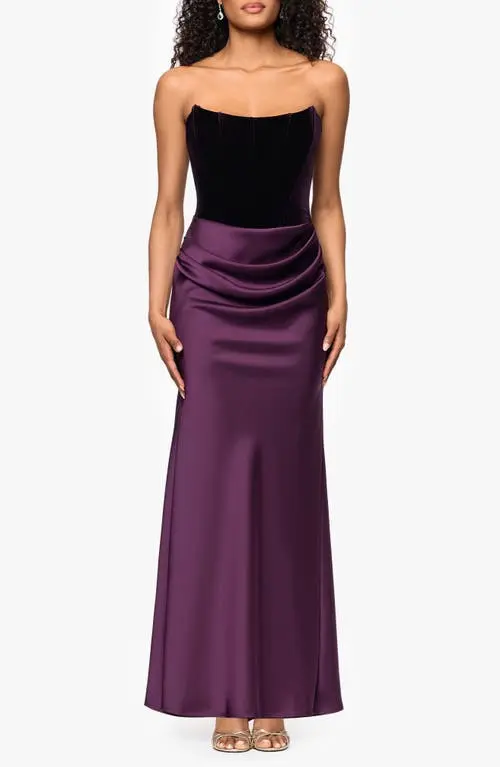 Betsy & Adam Strapless Velvet & Satin Gown - Plum