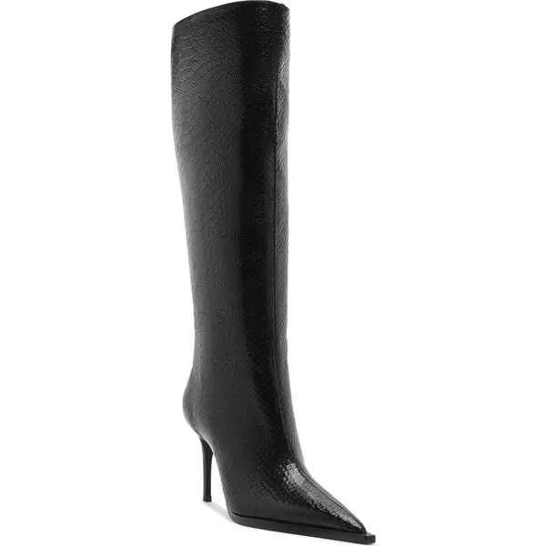 Schutz Mary Up Snakeskin Embossed Knee High Boots - Black