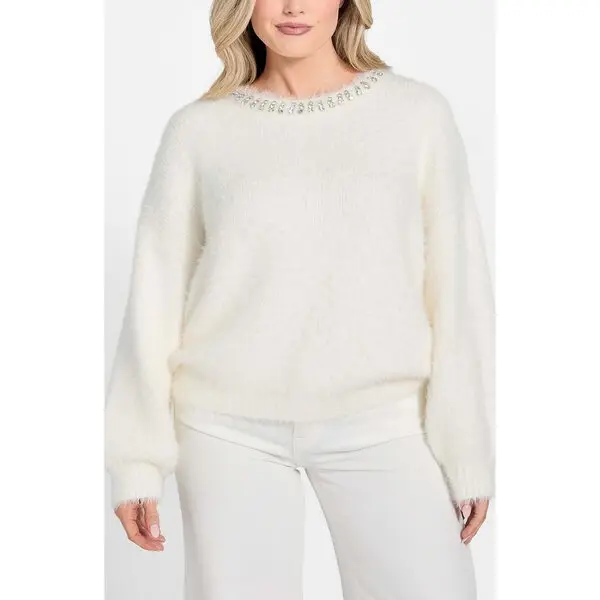 Guess Arisa Rhinestone Accent Crewneck Sweater - Natural