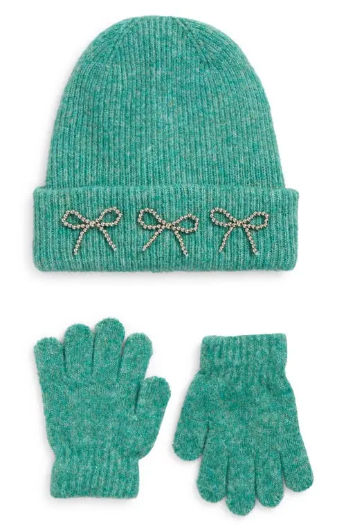 RUBY & RY Three Bow Cuff Beanie & Knit Gloves Set - Teal