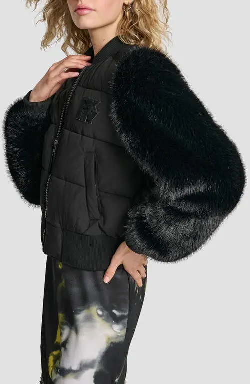Dkny Cropped Faux Fur Sleeve Bomber Jacket