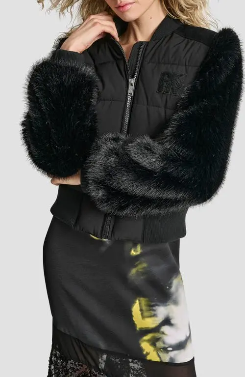Dkny Cropped Faux Fur Sleeve Bomber Jacket