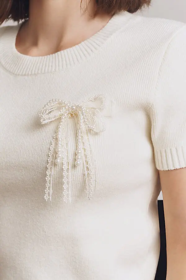 English Factory Short-sleeve Bow Appliqué Sweater