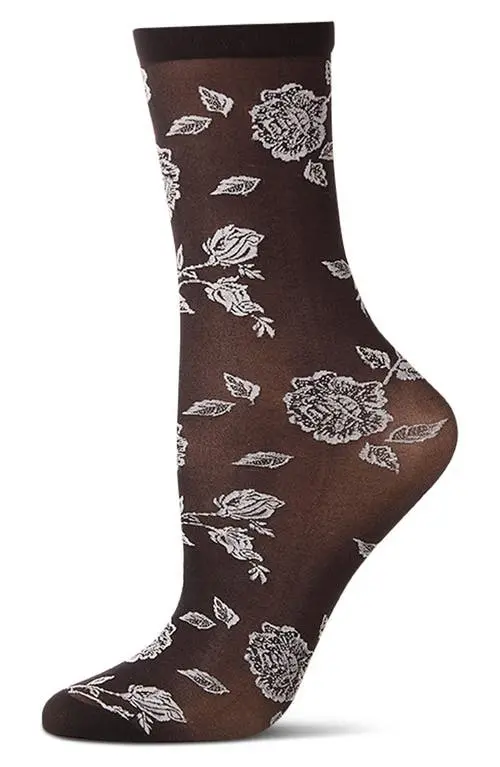 MEMOI Floral Sheer Crew Socks - Black
