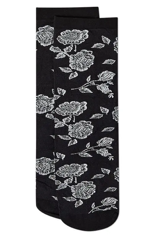 MEMOI Floral Sheer Crew Socks - Black