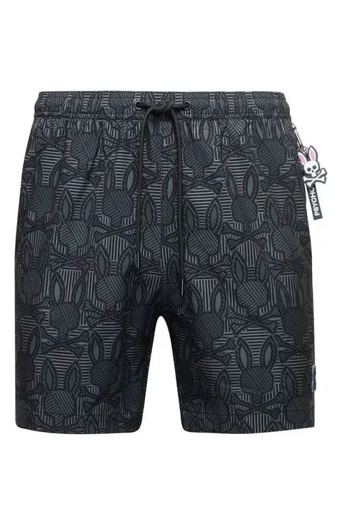 Psycho Bunny Reeves Bunny Print Swim Trunks - Black