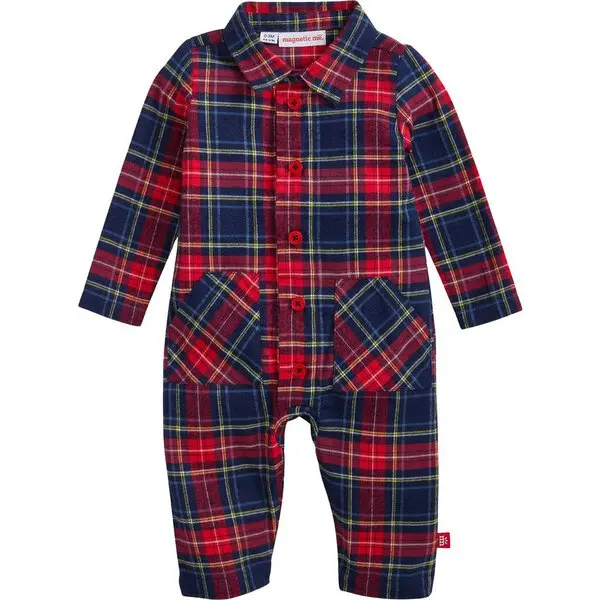 MAGNETIC ME Holiday Plaid Flannel Magnetic Romper - Blue