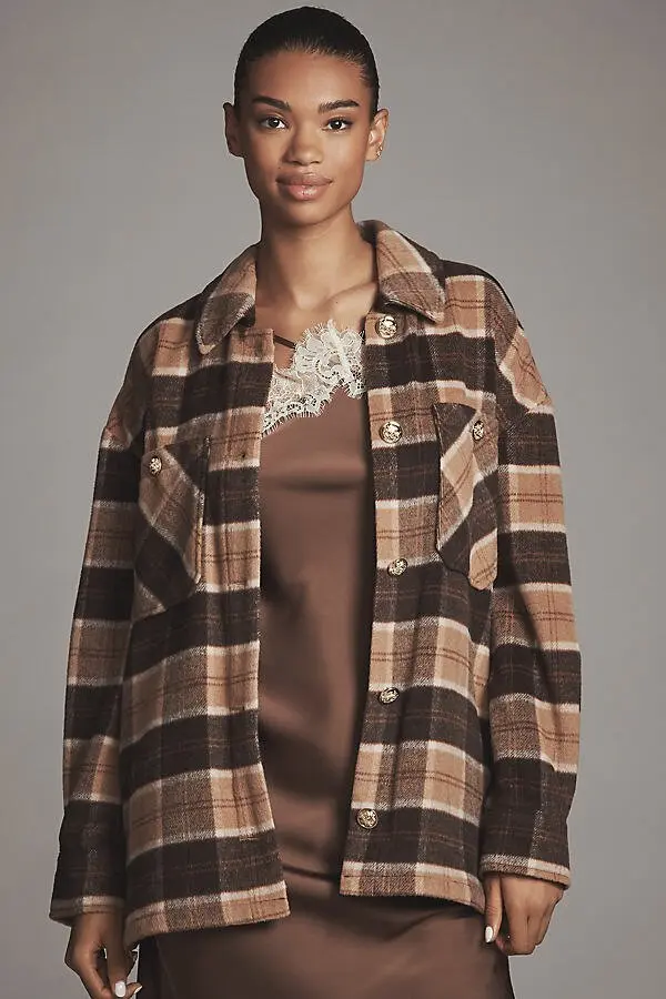 Avec Les Filles Oversized Plaid Wool Blend Shacket Jacket