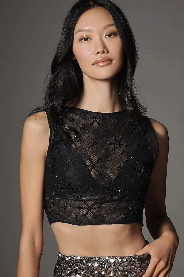 LYREBIRD Sequin Sheer Tie-back Top - Black Onyx