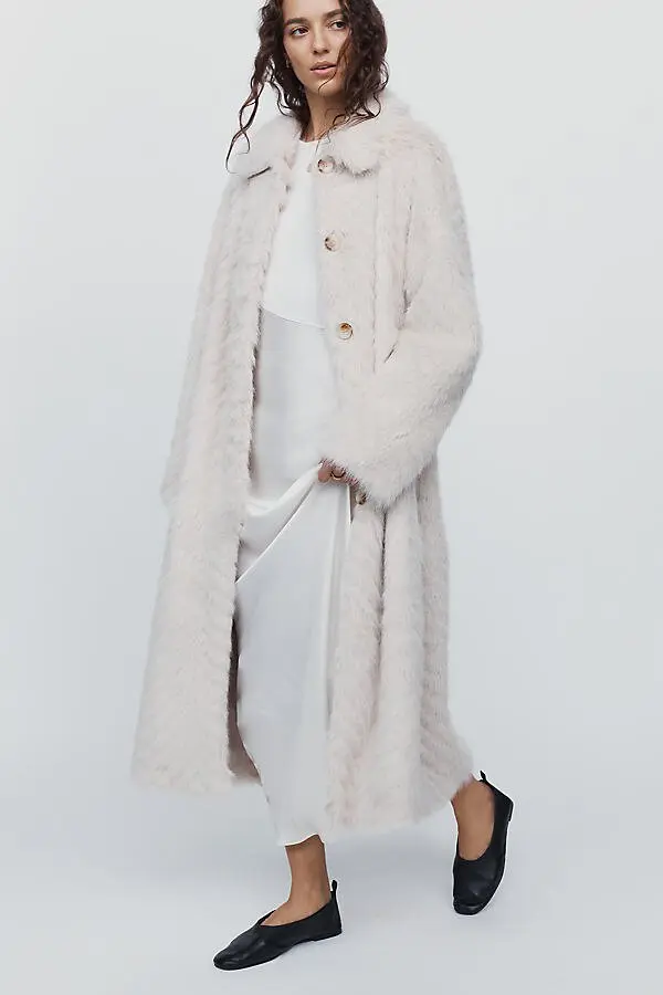 Maeve Faux Fur Channeled Long Coat - Neutral Pattern