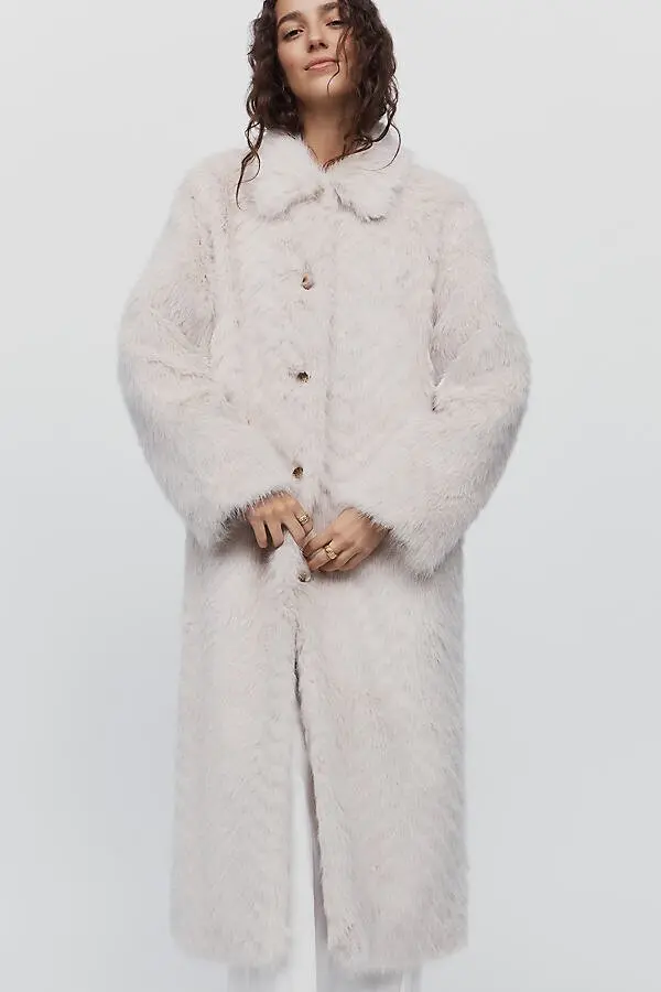 Maeve Faux Fur Channeled Long Coat - Neutral Pattern