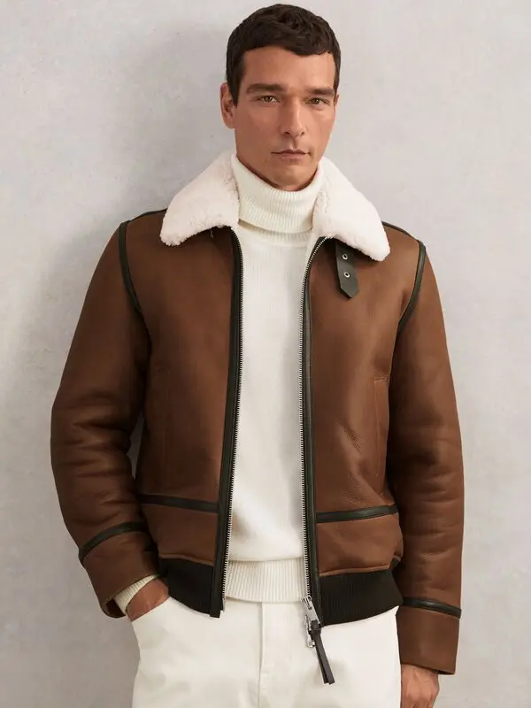 REISS Harven Leather Shearling-collar Jacket - Cognac Brown