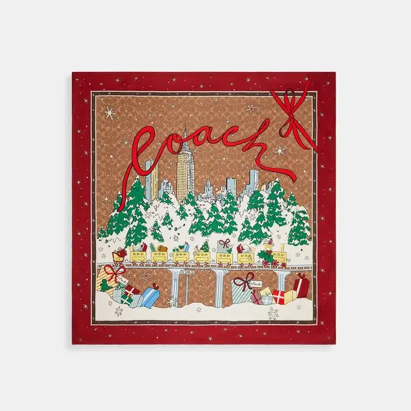 COACH Signature Central Park Print Silk Square Scarf - Tan Multi