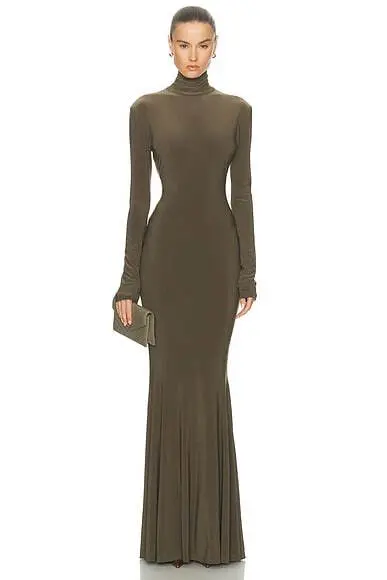 Norma Kamali Long Sleeve Turtleneck Fishtail Gown - Bark