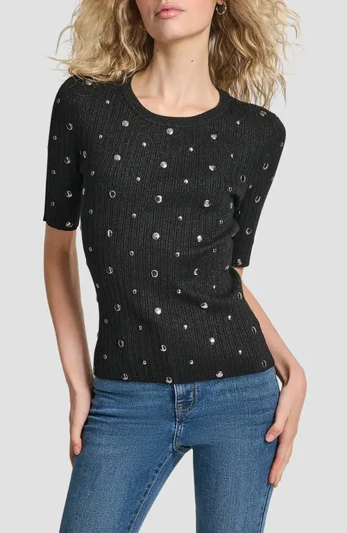 Dkny Studded Metallic Rib Short Sleeve Sweater