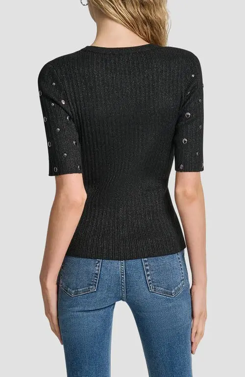 Dkny Studded Metallic Rib Short Sleeve Sweater