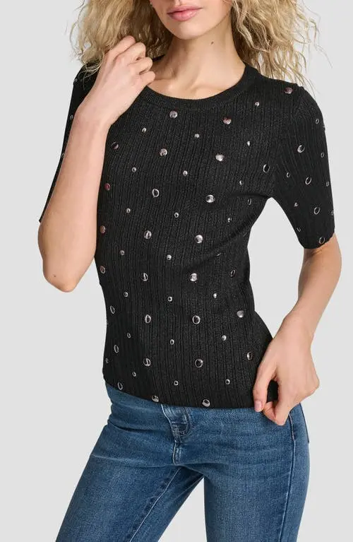 Dkny Studded Metallic Rib Short Sleeve Sweater