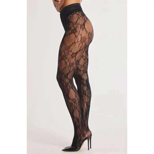 SAVAGE X FENTY Lace Floral Sheer Tights - Black Caviar