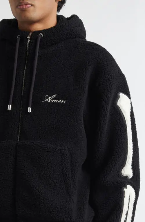 Amiri Bones Patch High Pile Fleece Full Zip Hoodie - Black