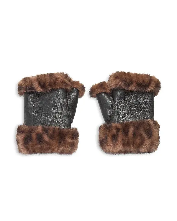 Jocelyn Faux Fur Fingerless Gloves - Black/leopard