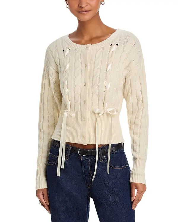 Steve Madden Cable Knit Cardigan With Ribbon Ties - Cream