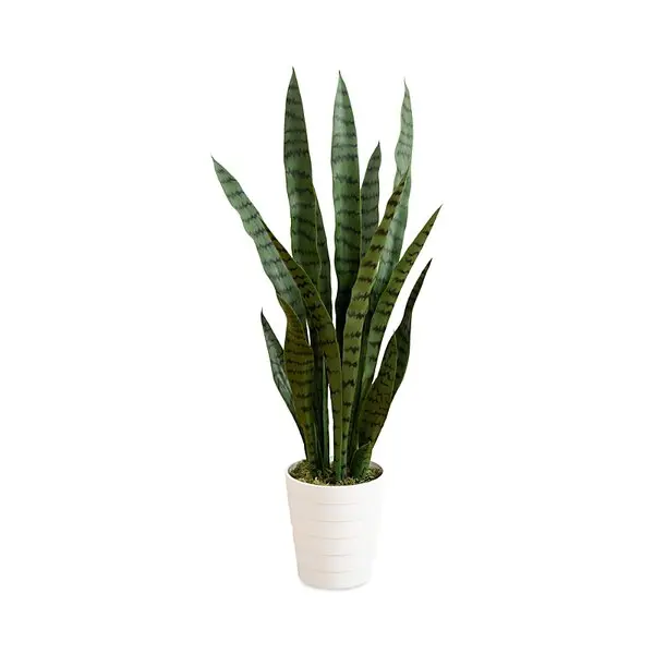 NEARLY NATURAL 3' Uv Resistant Artificial Sansevieria Plant In White Decorative Planter - Green