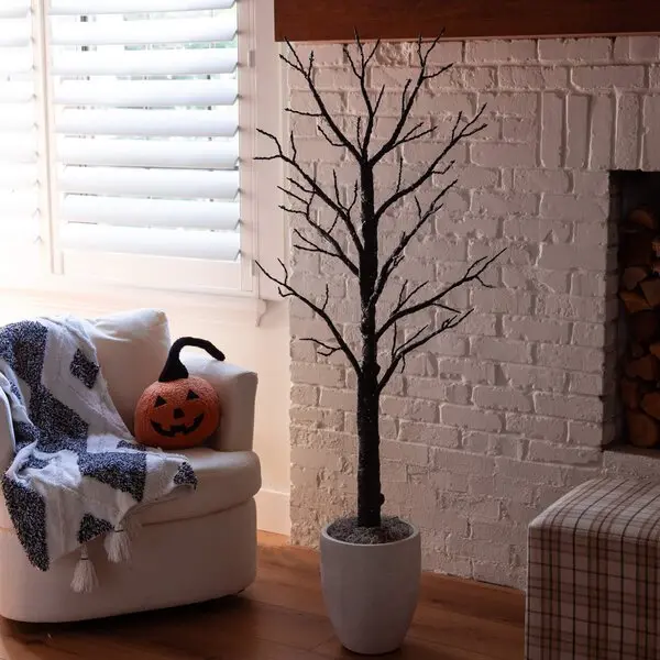 NEARLY NATURAL 5' Pre-lit Artificial Halloween Twig Tree With 360 Orange & Purple Led Lights