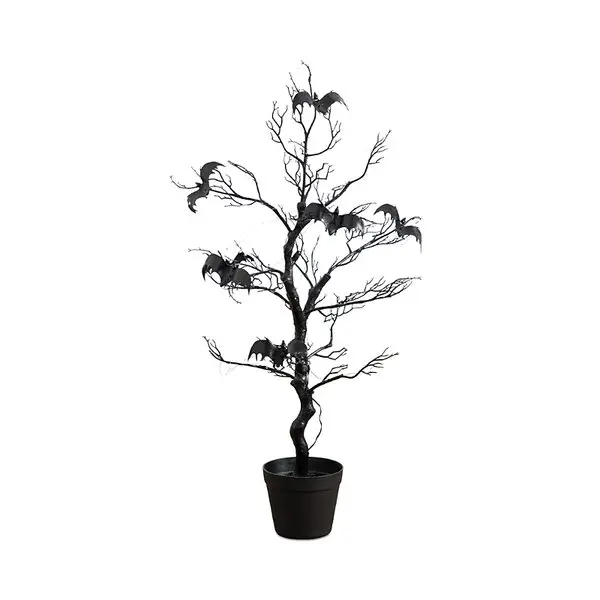 NEARLY NATURAL 3' Pre-lit Artificial Halloween Spooky Twig Tree With Bats And 100 Orange & Purple Led Lights - Black