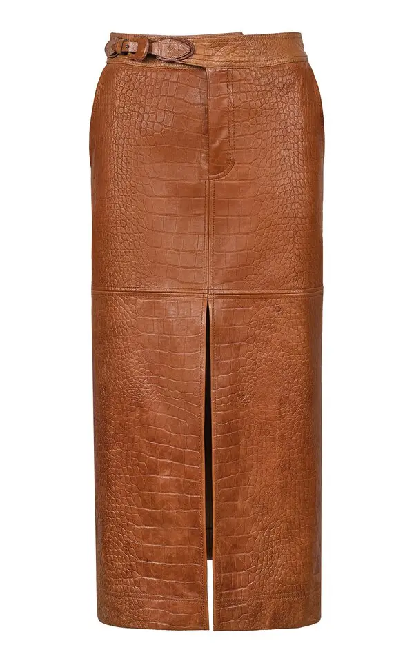 Johanna Ortiz Belted Crocodile-embossed Leather Midi Skirt - Tan