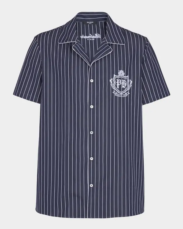 Balmain Stripe Poplin College Emblem Short-sleeve Pajama Shirt - Navy/white