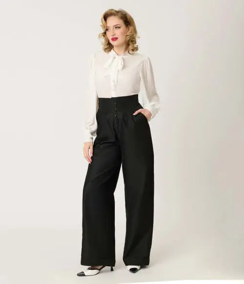 Unique Vintage High Waist Wide Leg Trousers - Black Solid
