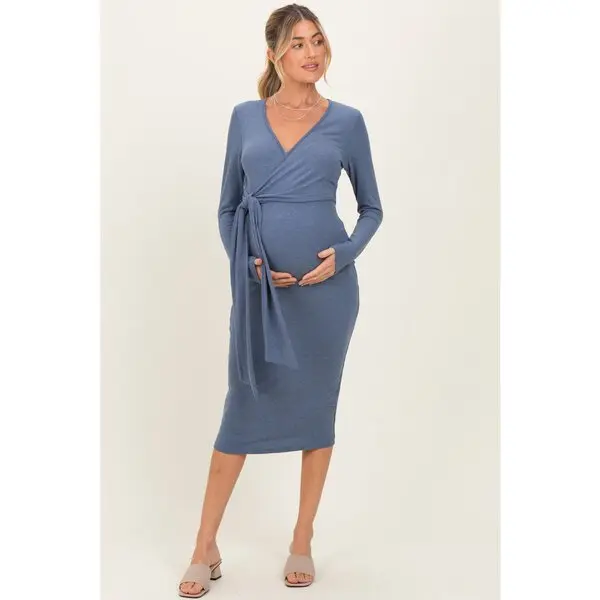 PINKBLUSH Ribbed Long Sleeve Maternity Wrap Dress - Denim