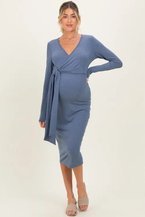 PINKBLUSH Ribbed Long Sleeve Maternity Wrap Dress - Denim