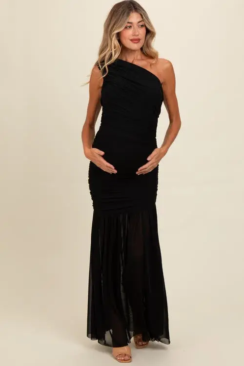 PINKBLUSH Ruched Mesh One Shoulder Maxi Dress - Black