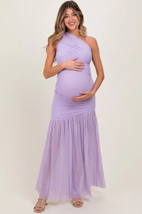 PINKBLUSH Ruched Mesh One Shoulder Maxi Dress - Lavender