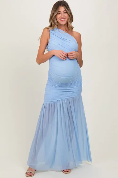 PINKBLUSH Ruched Mesh One Shoulder Maxi Dress - Light Blue