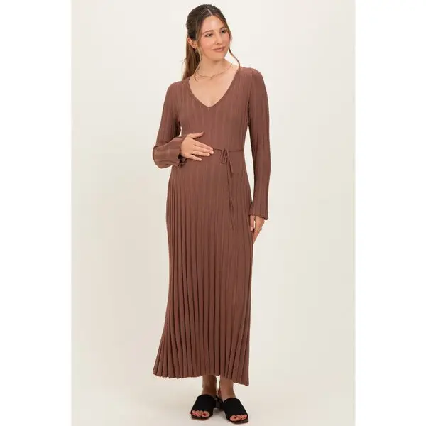 PINKBLUSH Ribbed Knit Maxi Dress - Brown