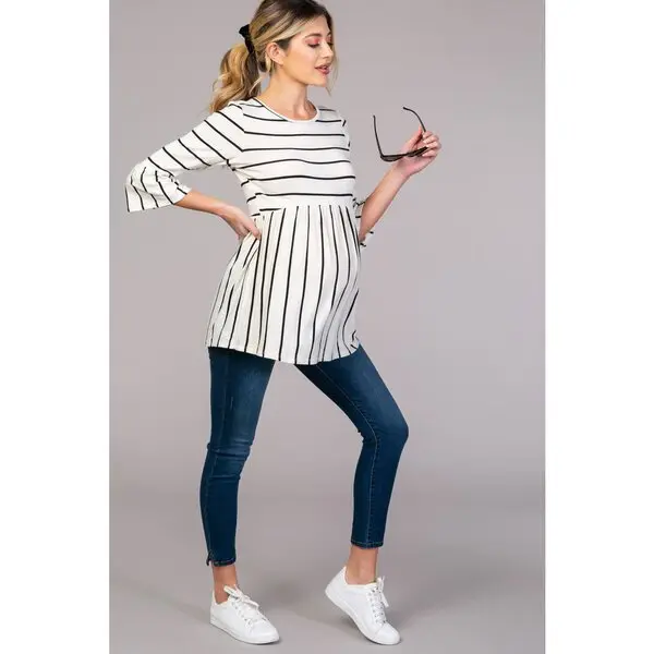 PINKBLUSH Striped Peplum Ruffle Maternity Top - Ivory
