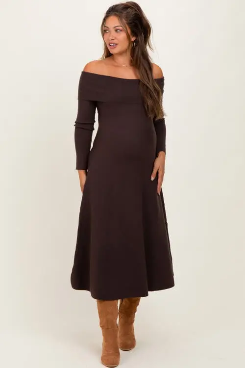 PINKBLUSH Off Shoulder Maternity Sweater Midi Dress - Brown