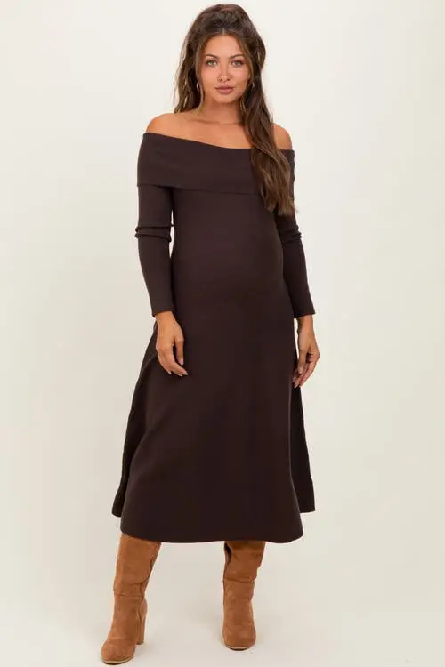 PINKBLUSH Off Shoulder Maternity Sweater Midi Dress - Brown