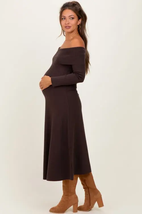 PINKBLUSH Off Shoulder Maternity Sweater Midi Dress - Brown
