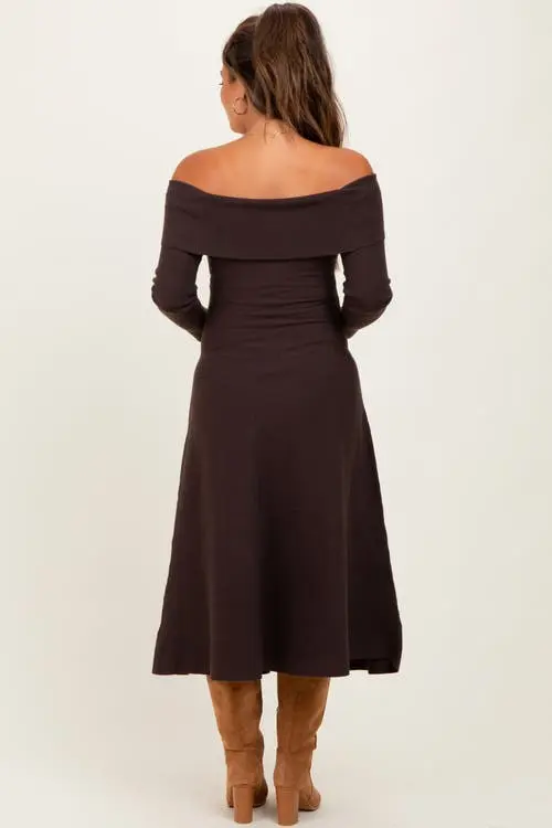 PINKBLUSH Off Shoulder Maternity Sweater Midi Dress - Brown