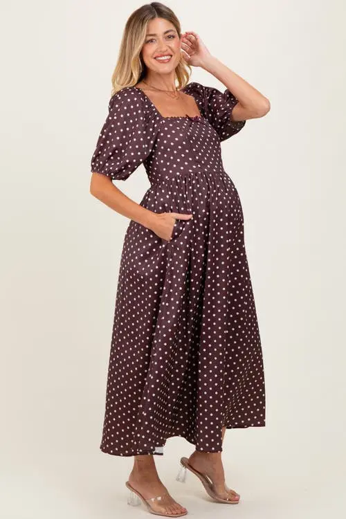 PINKBLUSH Polka Dot Square Neck Maternity Midi Dress - Brown