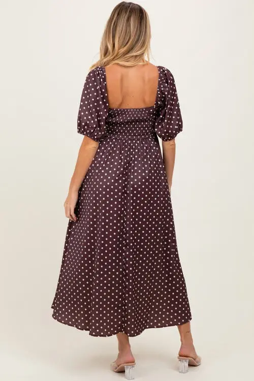 PINKBLUSH Polka Dot Square Neck Maternity Midi Dress - Brown