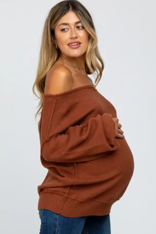 PINKBLUSH Boat Neck Bubble Sleeve Maternity Sweater - Camel
