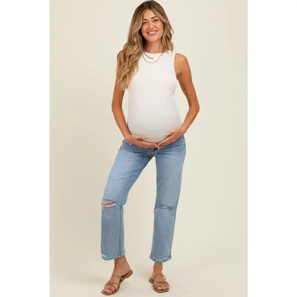 PINKBLUSH Distressed Knee Straight Leg Maternity Jeans - Light Blue