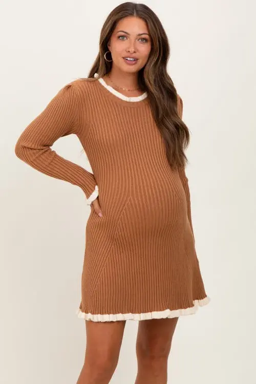 PINKBLUSH Ribbed Knit Ruffle Trim Mini Dress - Camel