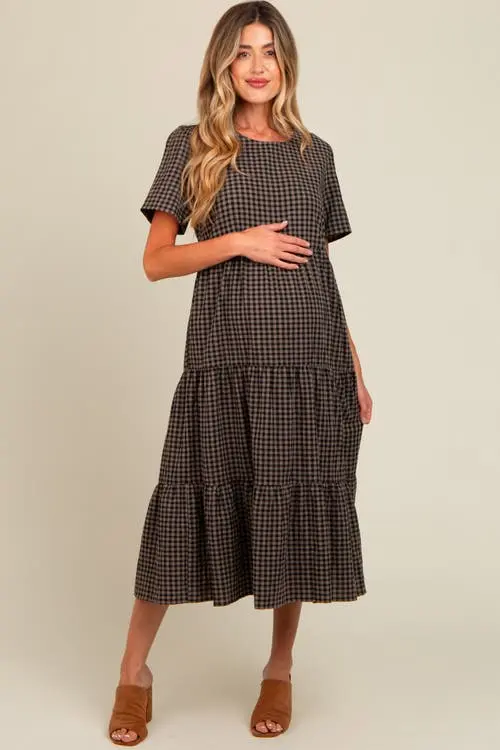 PINKBLUSH Gingham Tiered Midi Dress - Black