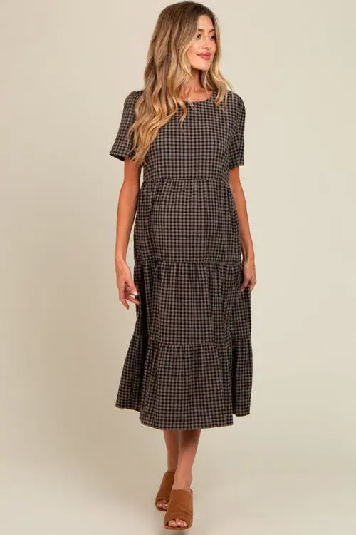 PINKBLUSH Gingham Tiered Midi Dress - Black